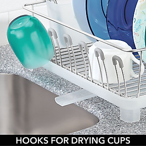 mDesign Alloy Steel Sink Dish Drying Rack Holder with Plastic Swivel Spout Drainboard Tray - Dish Rack/Dish Drainer Storage Organizer for Kitchen Counter - Concerto Collection, Chrome/Clear