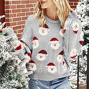 Womens Teen Girls Cute Santa Claus Pattern Pullover Sweaters Funny Ugly Christmas Sweaters Winter Long Sleeve Knit Tops Gray