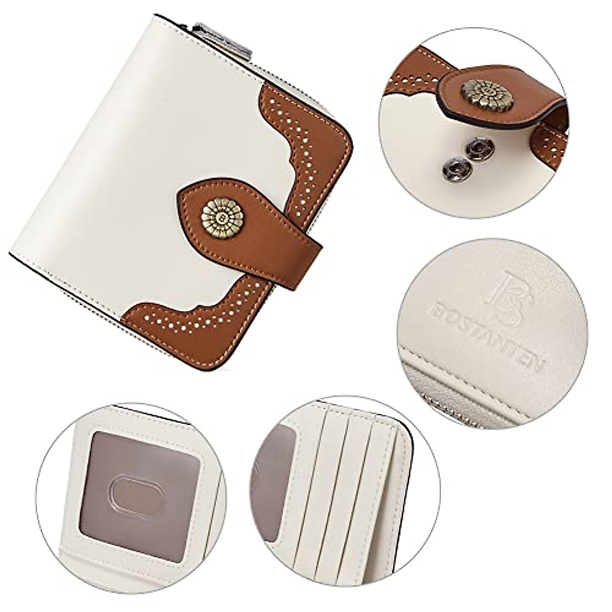 BOSTANTEN Leather Wallets for Women RFID Blocking Zipper Pocket Small Bifold Wallet Card Case White