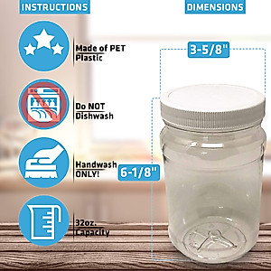 CSBD 32 Oz Clear Plastic Mason Jars With Ribbed Liner Screw On Lids, Wide Mouth, ECO, BPA Free, PET Plastic, Made In USA, Bulk Storage Containers, 4 Pack (32 Ounces)