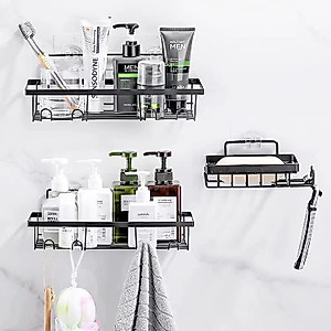 Shower Caddy, Adhesive Shower Organizer, Shower Shelf with 8 Removable Hooks, No Drilling, Rustproof Stainless Steel Black Shower Storage Basket Shelf for Kitchen, Bathroom