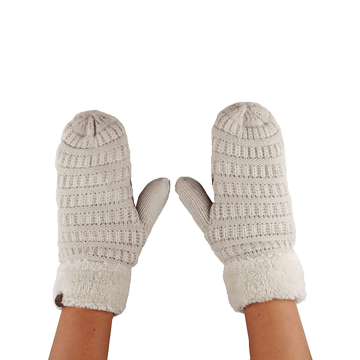 C.C Unisex Winter Warm Inner Fuzzy Lined Anti-Slip Cuff Mittens, Ivory