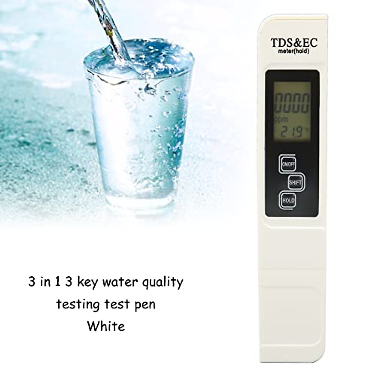 FECAMOS Water Testing Pen, Temperature Compensation Compact Portable Horizontal Display Water Tester Backlight Function White for Hydroponics