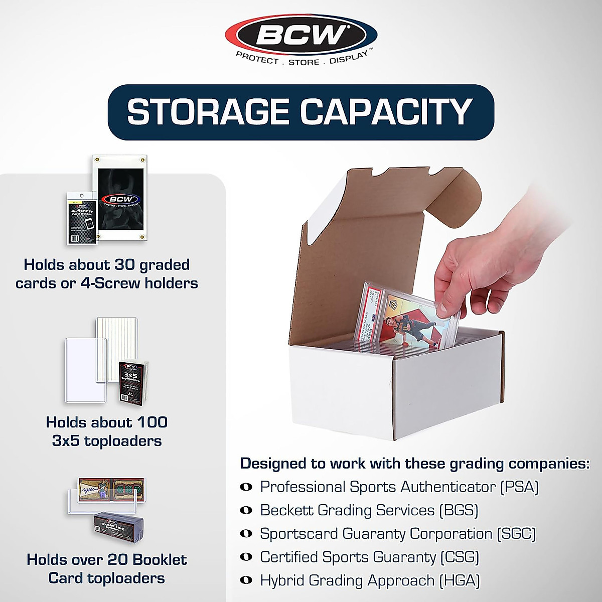 BCW Graded Card Storage Box - 1ct | Sports and Trading Card Holder for 30 Graded Cards & 100 Toploaders | Durable Corrugated Paper | Fits PSA, BGS, SGC, CSG, HGA Graded Cards, Screw Holders, etc