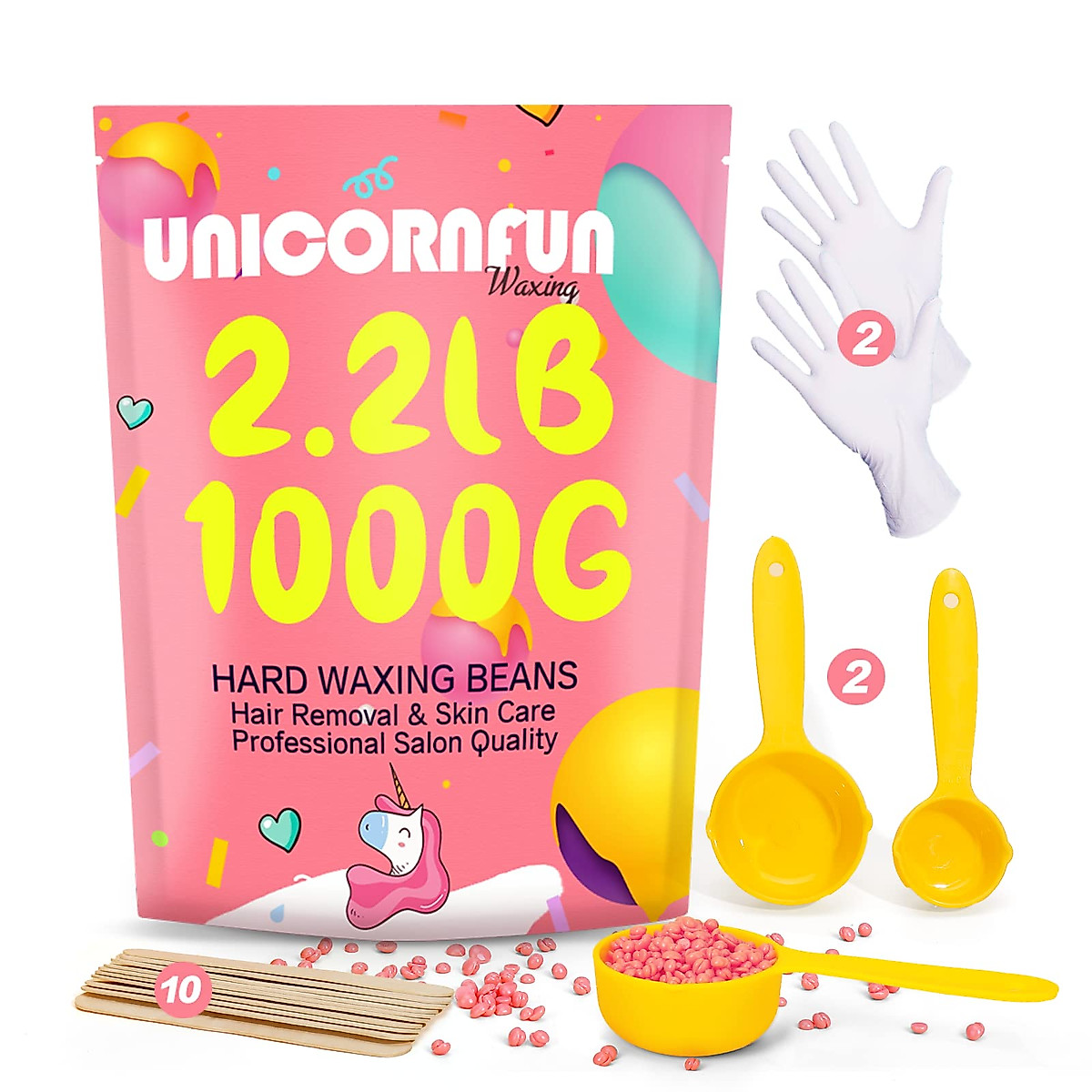 Unicornfun Hard Wax Beads for Hair Removal, 2.2LB Wax Beans with Two Measuring Spoons, Brazilian Bikini Beads Waxing at Home Wax for Face Body Legs Underarms Women Men
