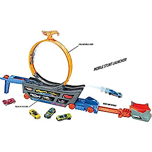 Hot Wheels Stunt & Go Track Set with 1 Toy Car, Transforming Hauler Truck with Launcher, Stores 18 1:64 Scale Cars [Amazon Exclusive]
