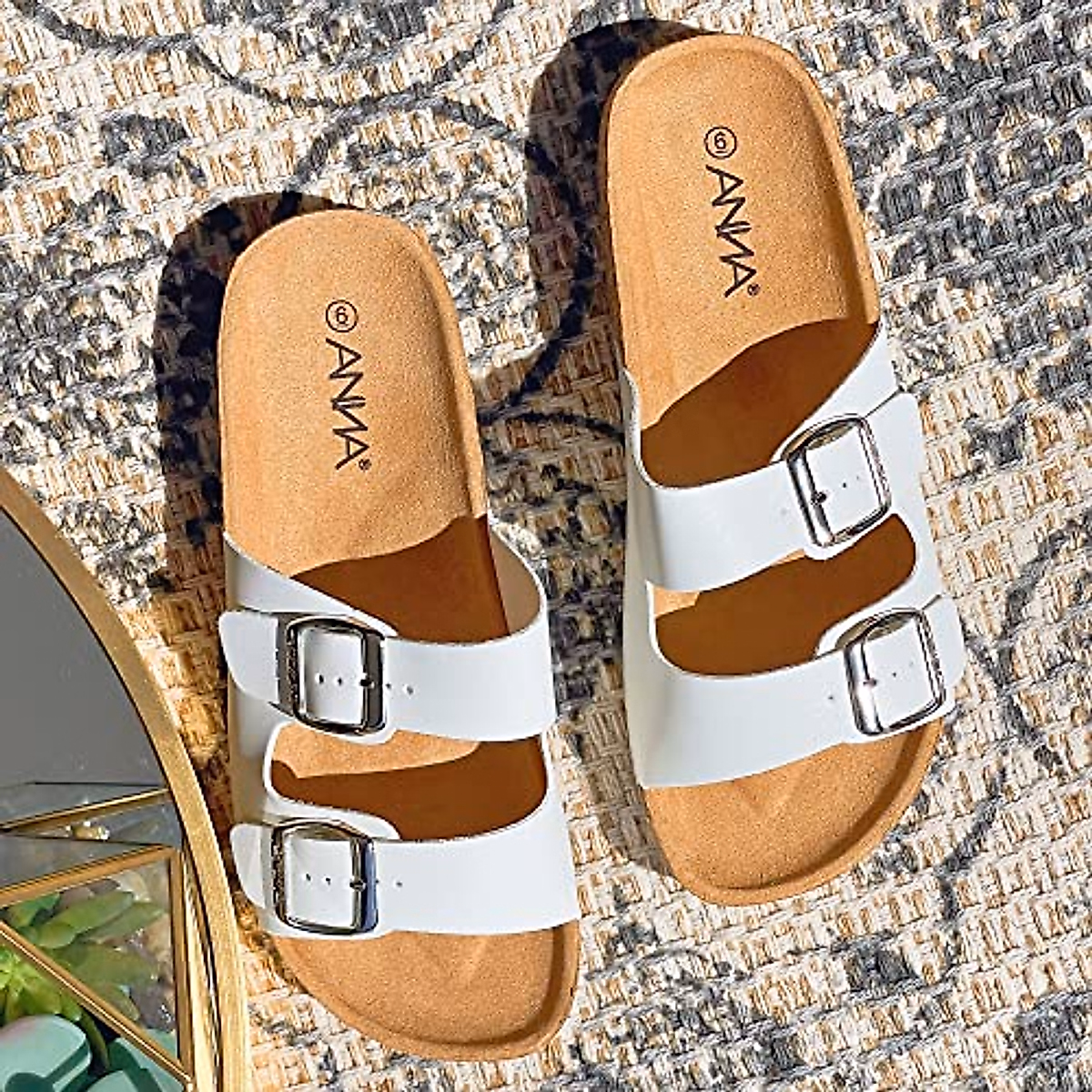 ANNA Glory Women's Slide Sandals Cork Footbed Double Buckle White 5.5
