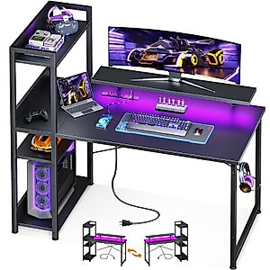 ODK Reversible Gaming Desk with USB Charging Port and LED Lights, 40 Inch Computer Desk with Storage Shelves & Monitor Stand, Study Table for Home Office, Small Space Bedroom, Carbon Fiber Black