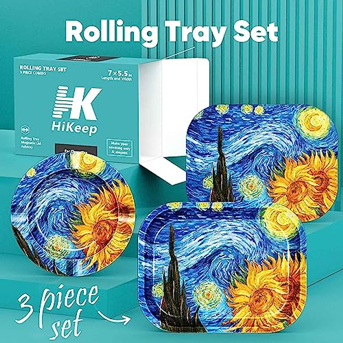 HiKeep Rolling Tray Set of 3, Metal Rolling Tray with PVC Soft Magnetic Lid - 7 x 5.5, Ashtray - 5.8" (Art Design)