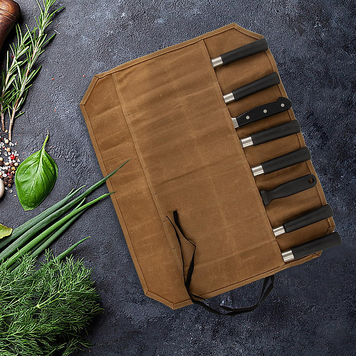Knife Roll,Waxed Canvas Knife Bag,Heavy Duty Knife Case,Chef Knife Bag Roll with 8 Slots for Knives and Kitchen Tools,Knife Roll Bag For Chefs Culinary Traveling,Knives Pouch Holder Wrap (Khaki)