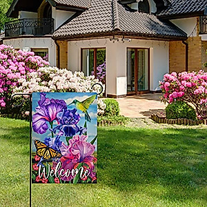 Hzppyz Welcome Spring Hummingbird Iris Garden Flag Double Sided, Purple Flower Bird Yellow Butterfly Decorative House Yard Outdoor Small Decor, Summer Floral Arrangement Home Outside Decoration 12x18