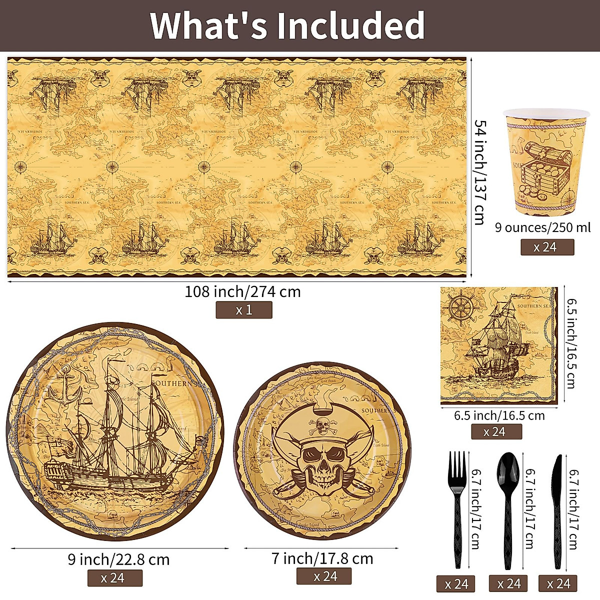 Durony 169-Piece Pirate Tableware Set - Pirate & Treasure Theme Birthday Party Supplies - Plastic Tablecloth, Plates, Napkins, Cups & Favors - Treasure Map Decors