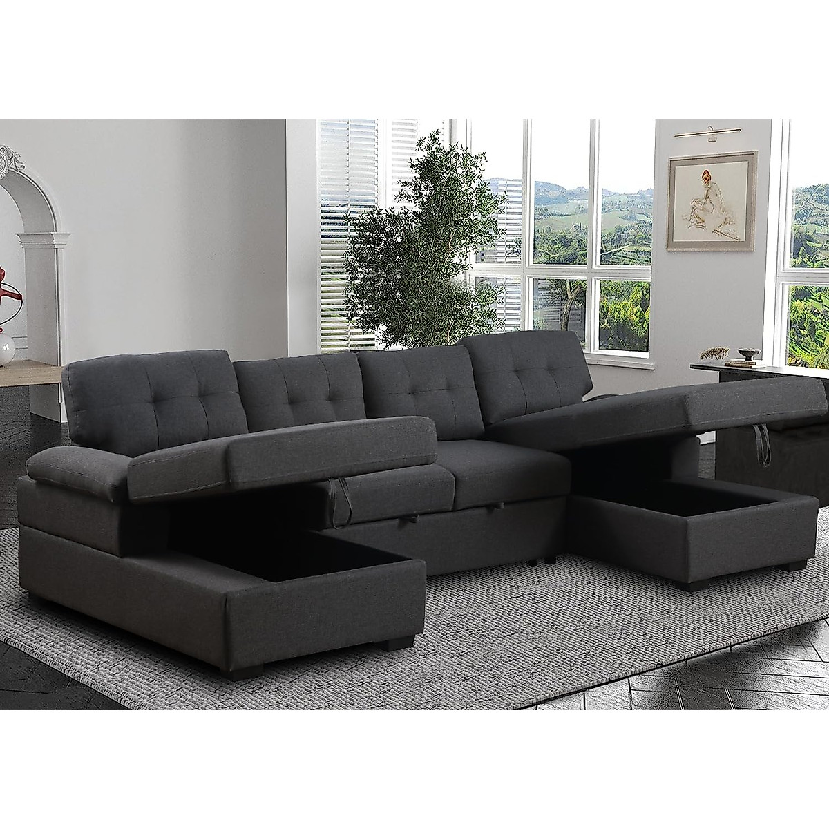 Beaugreen Modern Modular Sofa Couch, Dark Grey - Sectional Sleeper with Pull Out Bed, Double Storage Chaise, 4 Seater