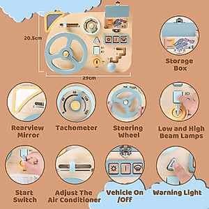 TEUVO Montessori Toy Steering Wheel Wooden Busy Board Wooden Sensory Toys for Toddlers, Dashboard Board 3 Preschool Learning Activities for Fine Motor Skills Travel, Gifts for Kids Aged 3 4 5 6 7