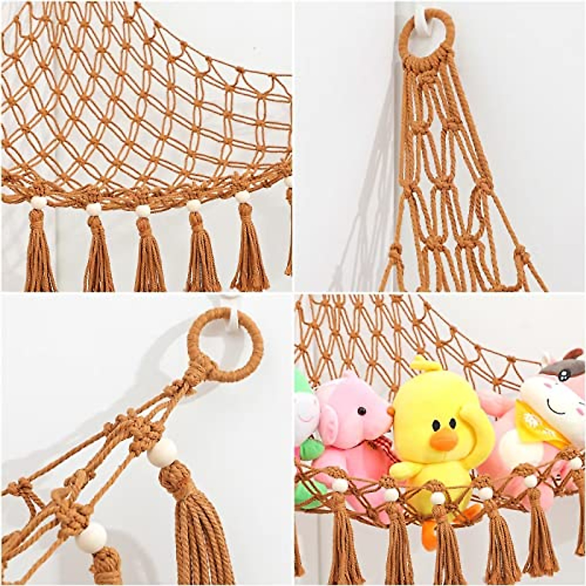 JIELAIMI Stuffed Animal Toy Storage Organizer, Toy Storage Hammock with Decorative Tassels Corner Large Capability Toy Net Holder (brown)