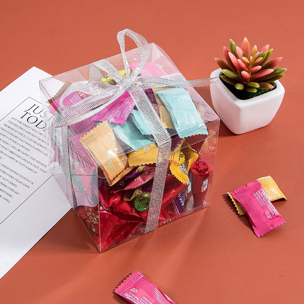 Sdootjewelry 4''×4''×4'' Clear Favor Boxes, 25 Packs Clear Gift Boxes with Ribbon, Clear Boxes for Favors, Transparent Plastic Gift Boxes for Wedding Party Baby Shower