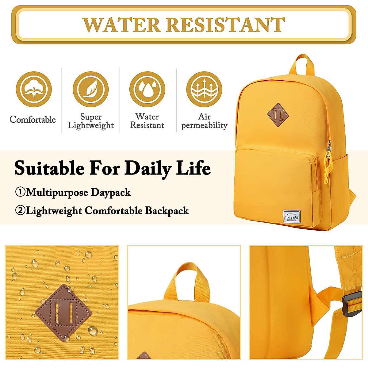 VASCHY School Backpack, Ultra Lightweight Backpack for Women Bookbag for Kids Teen Boys Girls Yellow