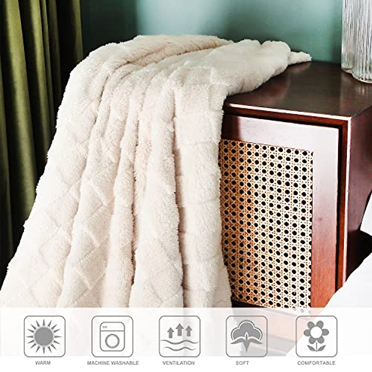 BOPRIO Throw Blanket Fuzzy Plaid Blanket for Sofa Couch or Bed, Queen Size 330GSM Luxury Fleece Soft Warm Blanket for All Seasons, 60 x 90 Inch Cream