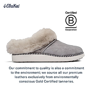 OLUKAI Ku'i Women's Slipper, Soft Full-Grain Leather & Wool Blend Footbed, Wet Grip Soles for Inside & Outside Wear, Cute & Comfortable Slip-On, Fog/Mist Grey, 7