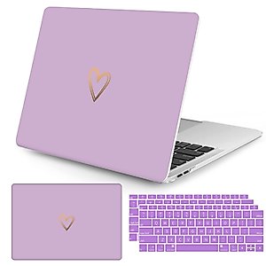 Seorsok Compatible with MacBook Air 13 Inch Case 2020 2019 2018 Release A1932 A2179 M1 A2337 Touch ID, Gold&Cute Heart Pattern Plastic Hard Shell Case with Keyboard Cover,Purple