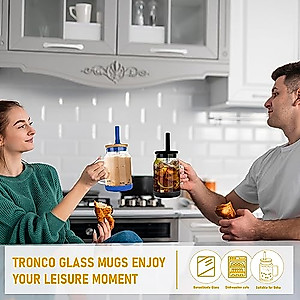 Tronco 22 oz Glass Tumbler with Handle,Glass Water Cup with Bamboo Lid Straw,Iced Coffee Cup Reusable boba Tea Cup With Silicone Sleeve, BPA Free