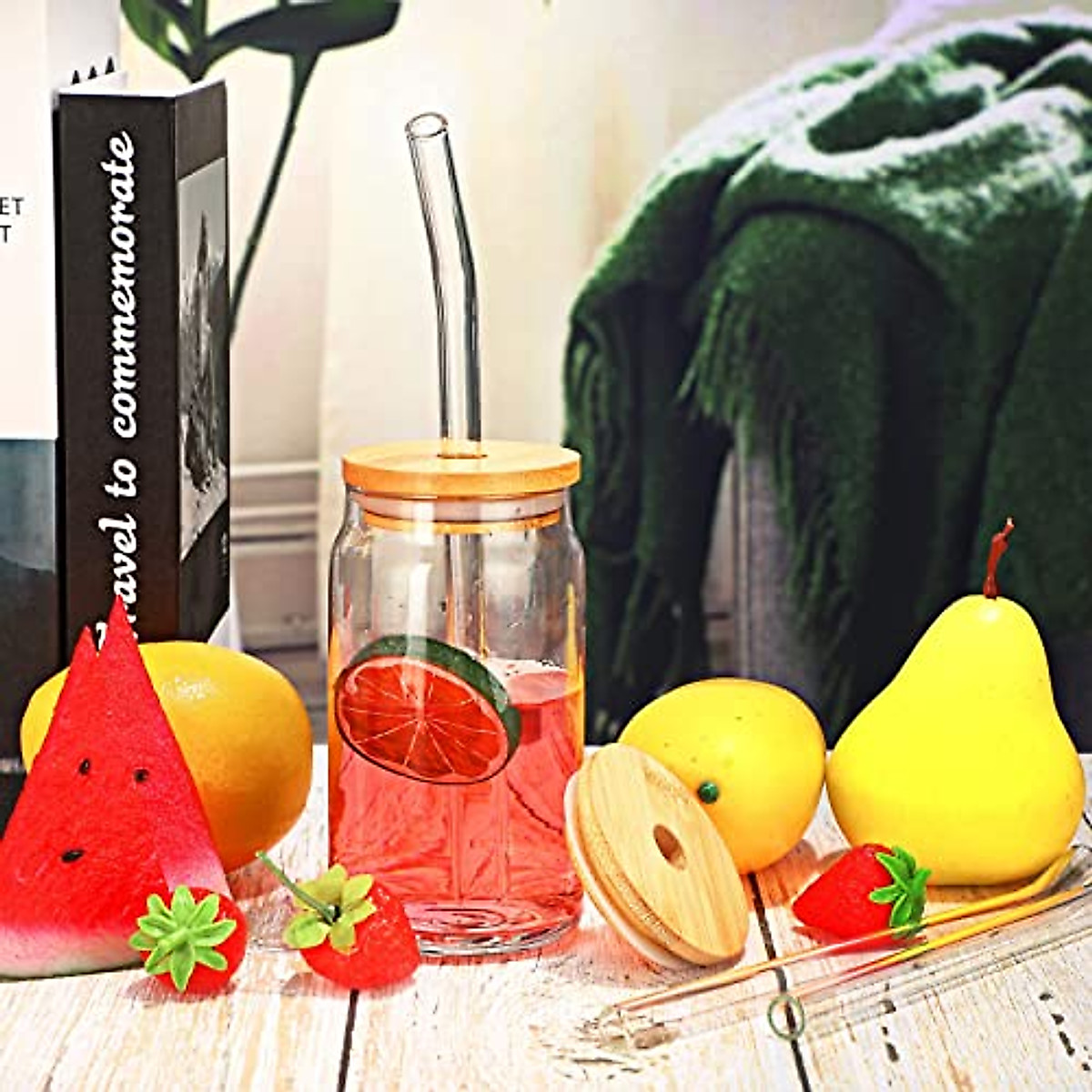 16oz Beer Glasses Lids with Straw Hole Drinking Glass Cups Anticorrosion Beer Can Cups Lids Bamboo Lids Include Reusable Glass Straight Curved Straw and Brush for Drinking Glasses (10 Pieces)