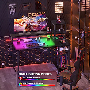 armocity 2024 Upgrade Gaming Desk with LED Lights, Small Computer Desk with Long Monitor Stand, 40'' Reversible Laptop Table with Storage Shelves, Small Desk for Small Spaces, Gaming Room, Black