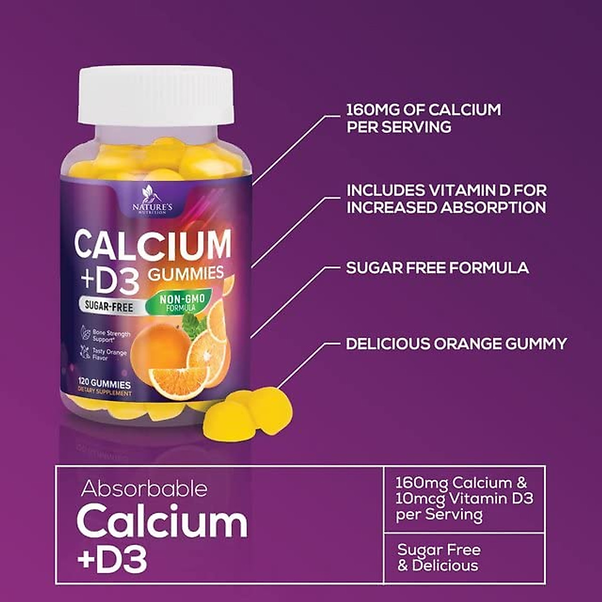 Sugar Free Calcium Gummy Bites Plus 400 IU Vitamin D3, Bone Health & Immune Support - Chewable Calcium Nutrition Supplement, Non-GMO, Orange Flavor Chews - 120 Gummies