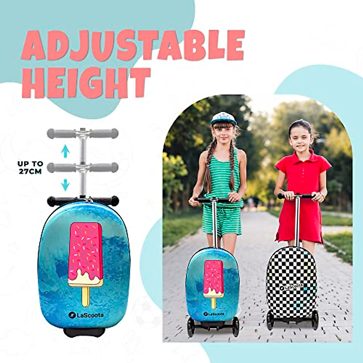 LaScoota Scooter Suitcase, Foldable Scooter Luggage For Kids - Lightweight Kids Ride on Luggage Scooter with Wheels, LED Lights - Ice Cream Graphic Suitcase Scooter, Ride On Suitcase for Kids Ages 4-8