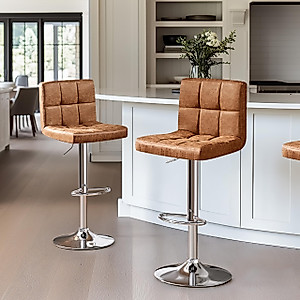 Yaheetech Bar Stools Set of 2, PU Leather Swivel Barstools, Height Adjustable Counter Chairs, Modern Stools with Back for Bar Kitchen Island Dining Room, Retro Brown