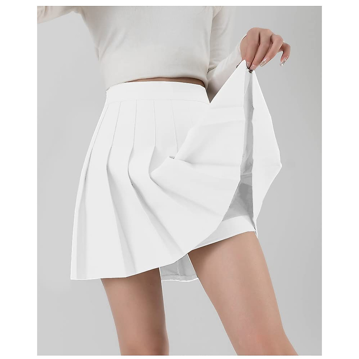 Women Girls 2024 high Waisted Pleated Skater Tennis School Skirt Uniform Skirts A-White