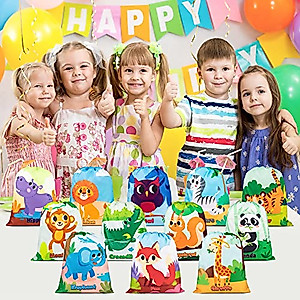 Mocoosy 12 Pack Animal Party Favor Drawstring Bags for Kids Birthday Supplies, Animal Backpack String Bags for Boys Girls, Jungle Gift Goodie Treat Bags for Party Baby Shower School Travel Storage Bag