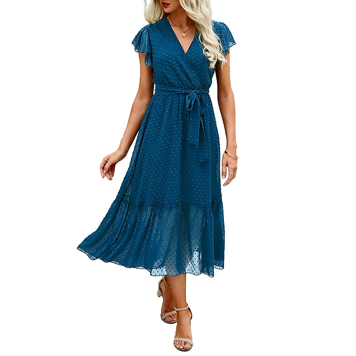 BTFBM Women Summer Bohemian Floral Casual Wrap V Neck Ruffle Cap Sleeveless Belt A-Line Pleated Hem Swing Midi Sun Dress (Swiss Dot Lake Blue, l)