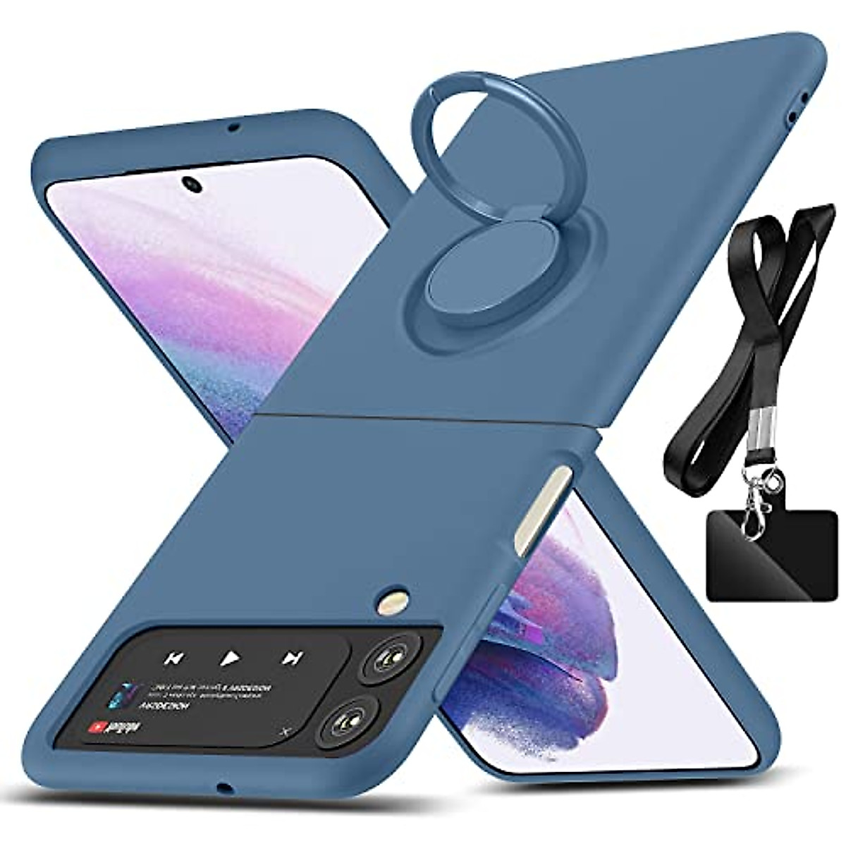 AYSZNBLA for Samsung Galaxy Z Flip 3 Case,with 360°Rotatable Ring Holder Kickstand & Strap Lanyard Premium Liquid Silicone Slim Shockproof Protective Case for Samsung Galaxy Z Flip 3,Blue