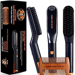 Tame The Wild Premium Beard Straightener - Ionic Anti-Scald Technology - Heated Beard Brush - 3 Temp Settings - Wooden Comb Included - Gift Set