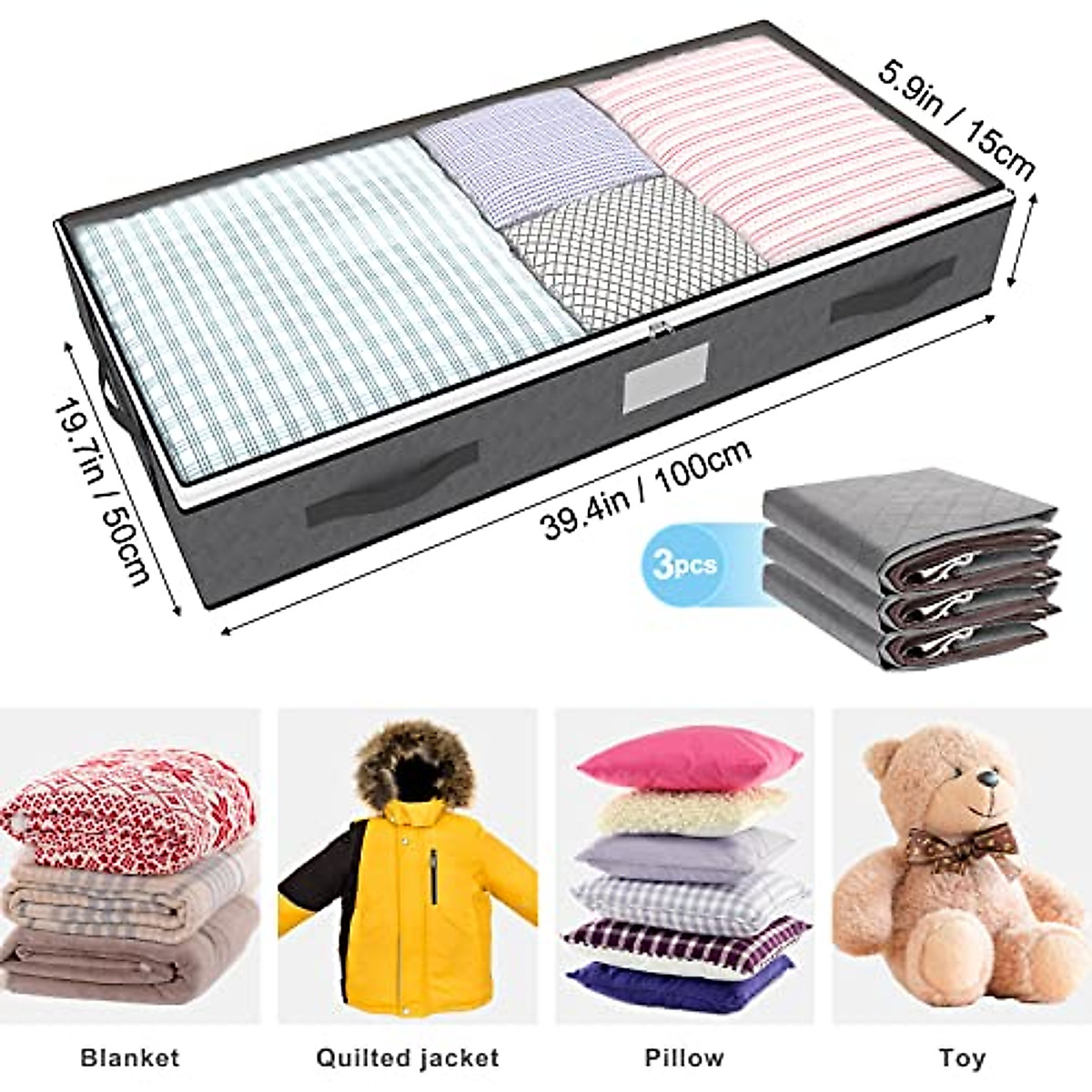 Fixwal Under Bed Storage Bins 3 Pack 75L Underbed Storage Containers Large Capacity Clothes Storage Bags with Clear Windows Lids Bedroom Foldable Storage Organizer for Comforters Blankets Bedding