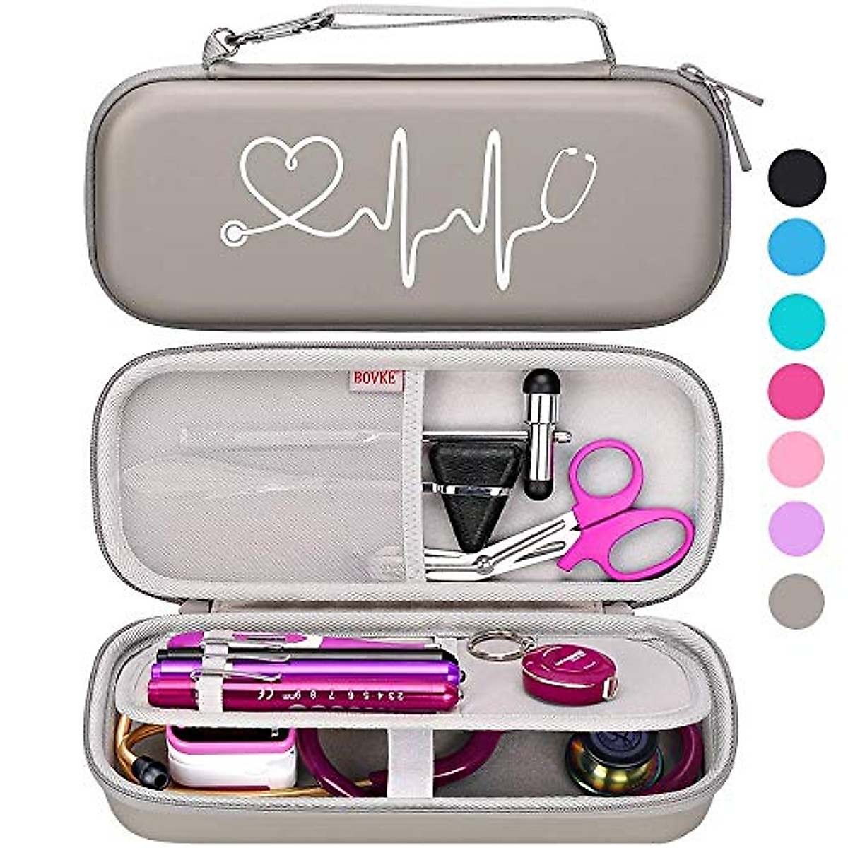 BOVKE Stethoscope Protective Case Replacement for 3M Classic III, Lightweight II S.E, Cardiology IV, MDF Acoustica Deluxe Stethoscope - Extra Room fit Nurse Accessories Penlight Medical Scissors, Grey