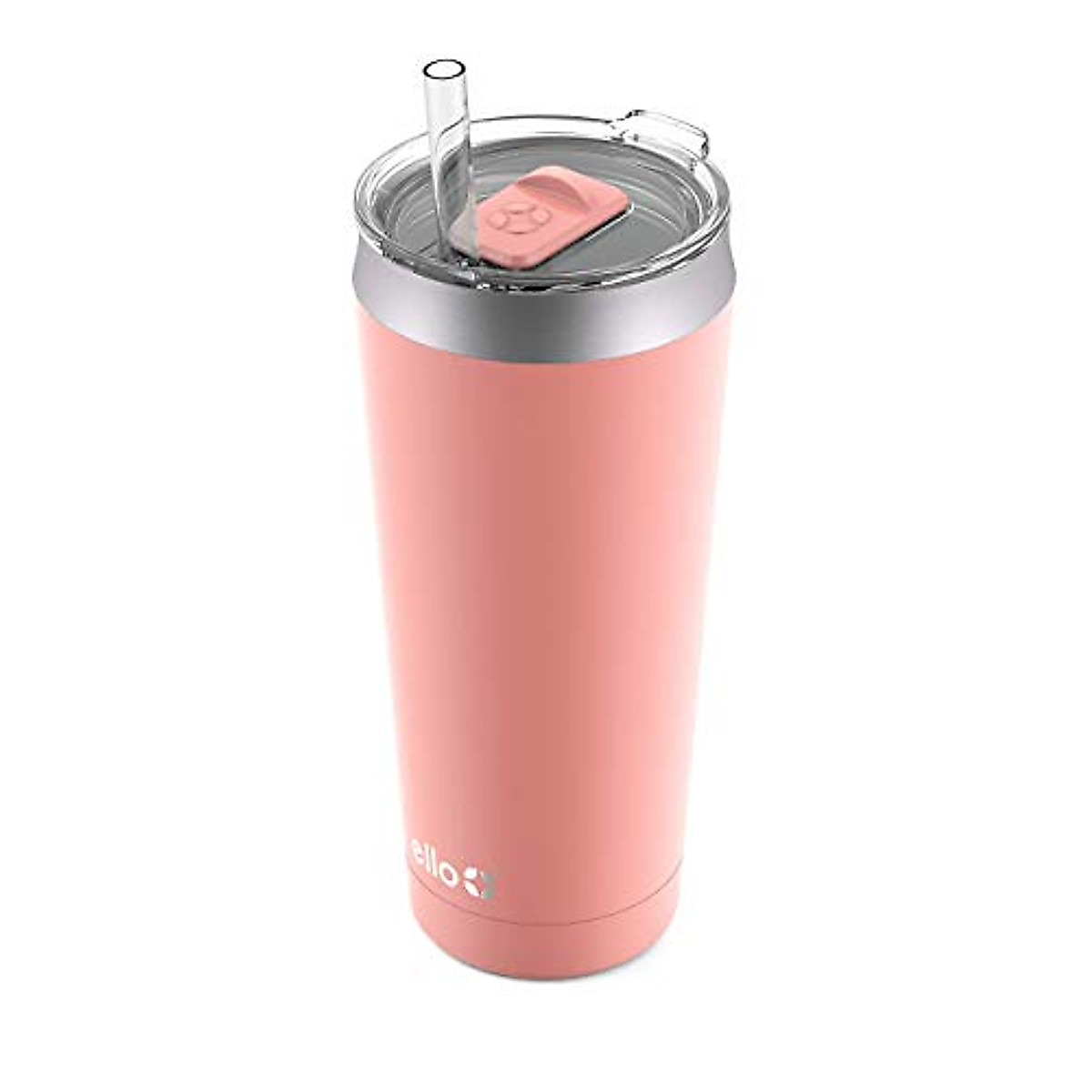 Ello Beacon Vacuum Insulated Stainless Steel Tumbler with Slider Lid and Optional Straw, 24 oz, Coral