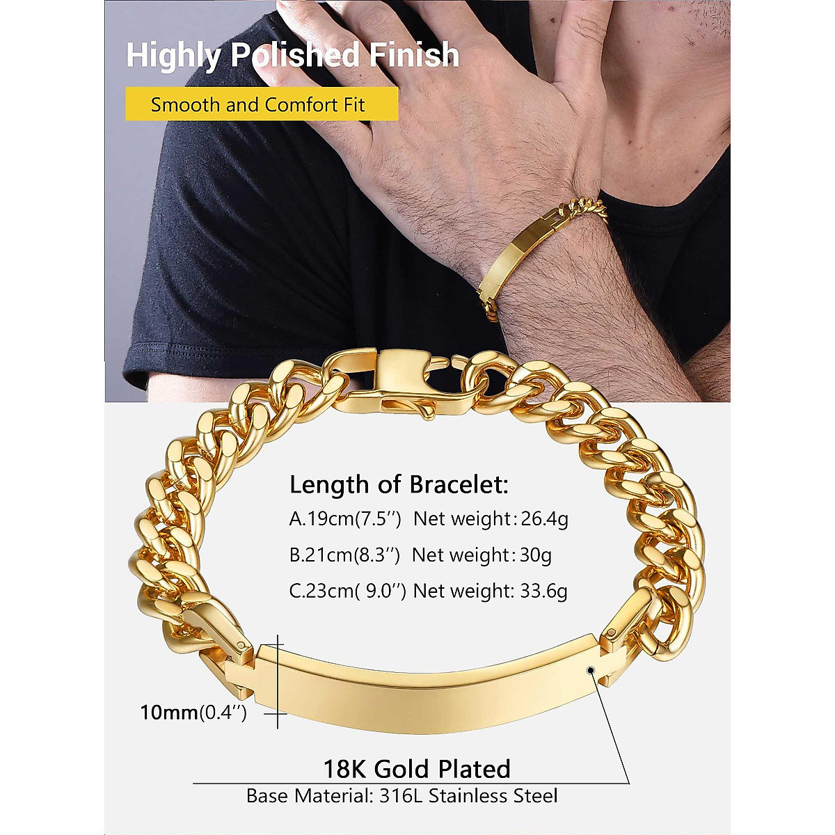PROSTEEL Custom Name ID Bracelet 18K Gold Plated Stainless Steel Cuban Chain Women Personalized Engrave Bracelets for Men