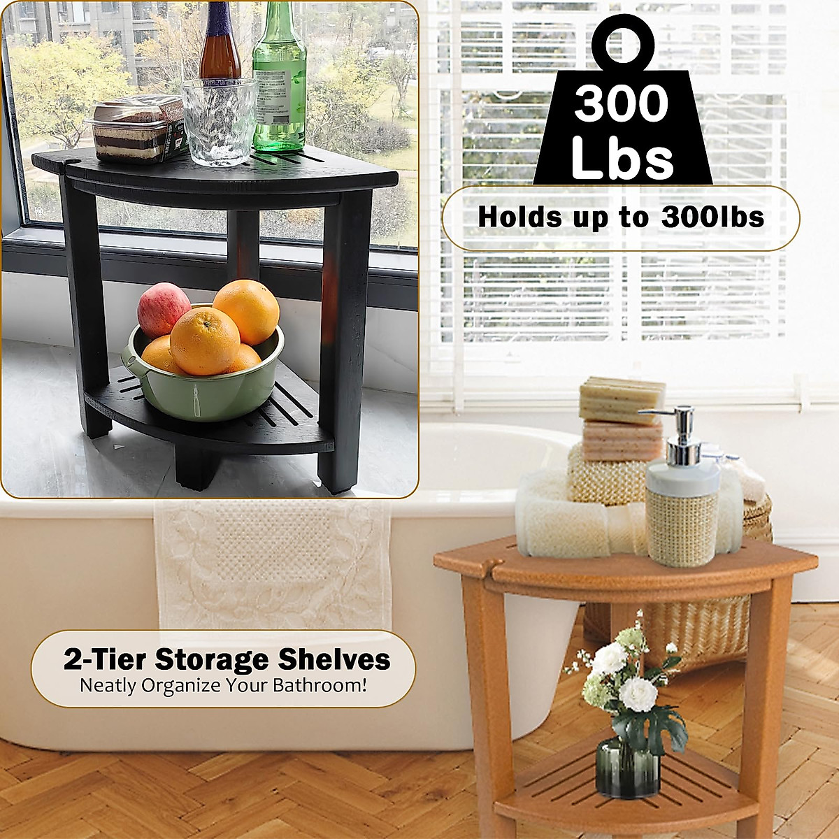 Corner Shower Stool for Inside Shower, Waterproof Shower Bench for Shaving Legs, Bathroom Bench Shower Seat with Storage (Black)