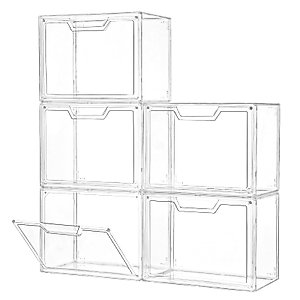 5 Pack Clear Storage Bins with Lids, Storage Containers with Magnetic Door, Stackable Acrylic Display Case for Handbags, Cosmetic, Multifunctional Storage Boxes for Dorm, Living Room, Bedroom Storage