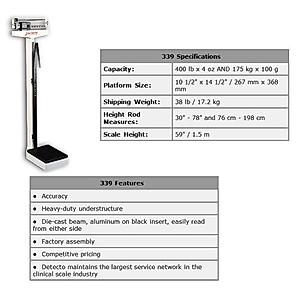 Detecto Physician Scale, Eye Level with Height Rod, Stainless Steel, 400lbs. Model#339S, Made in the USA