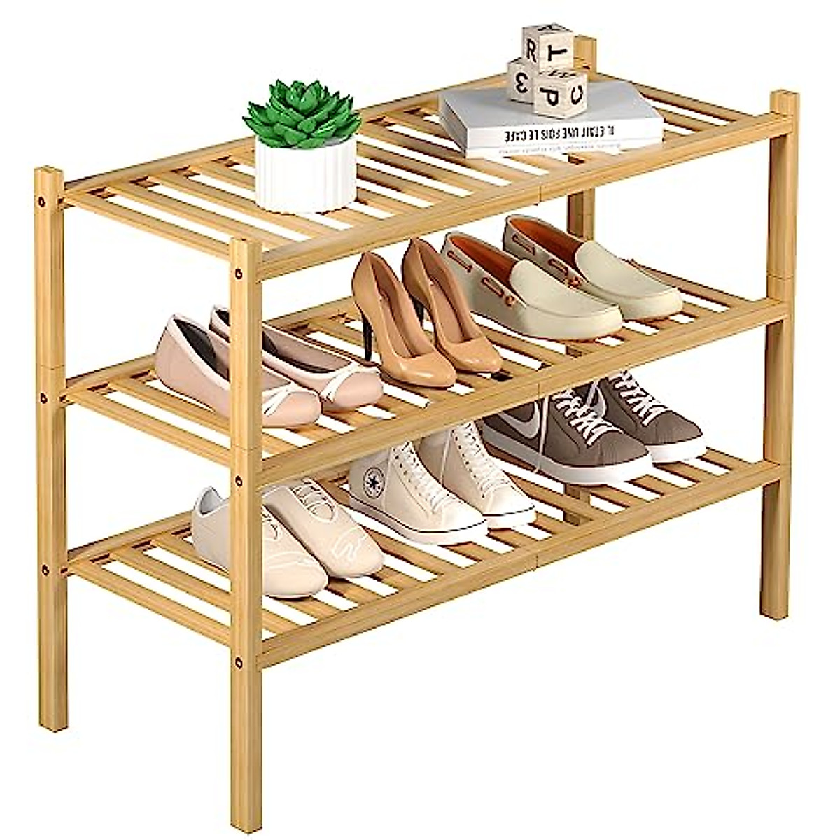 ROMGUAR CRAFT 3 Tier Bamboo Shoe Rack for Closet Free Standing Wood Shoe Shelf for Entryway Small Space Stackable 27"x11"x20" (Natural)