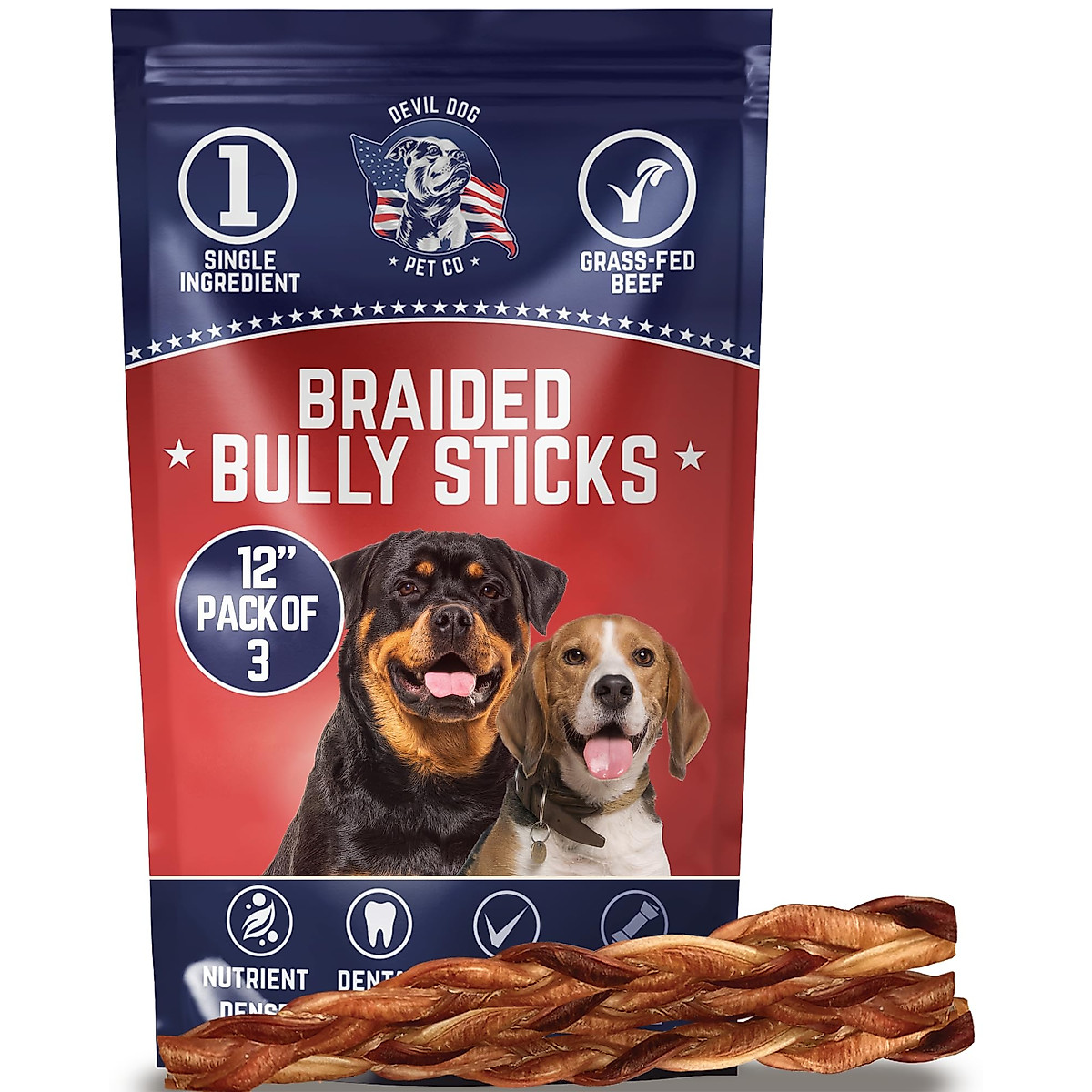 Devil Dog Pet Co. Braided Bully Sticks for Dogs – 12 Inch 3 Pack Chew Treats, 100% All Natural, Long Lasting & Rawhide Free Dog Chews – Premium Braided Bully Sticks for Large Dogs, Medium & Small Dogs