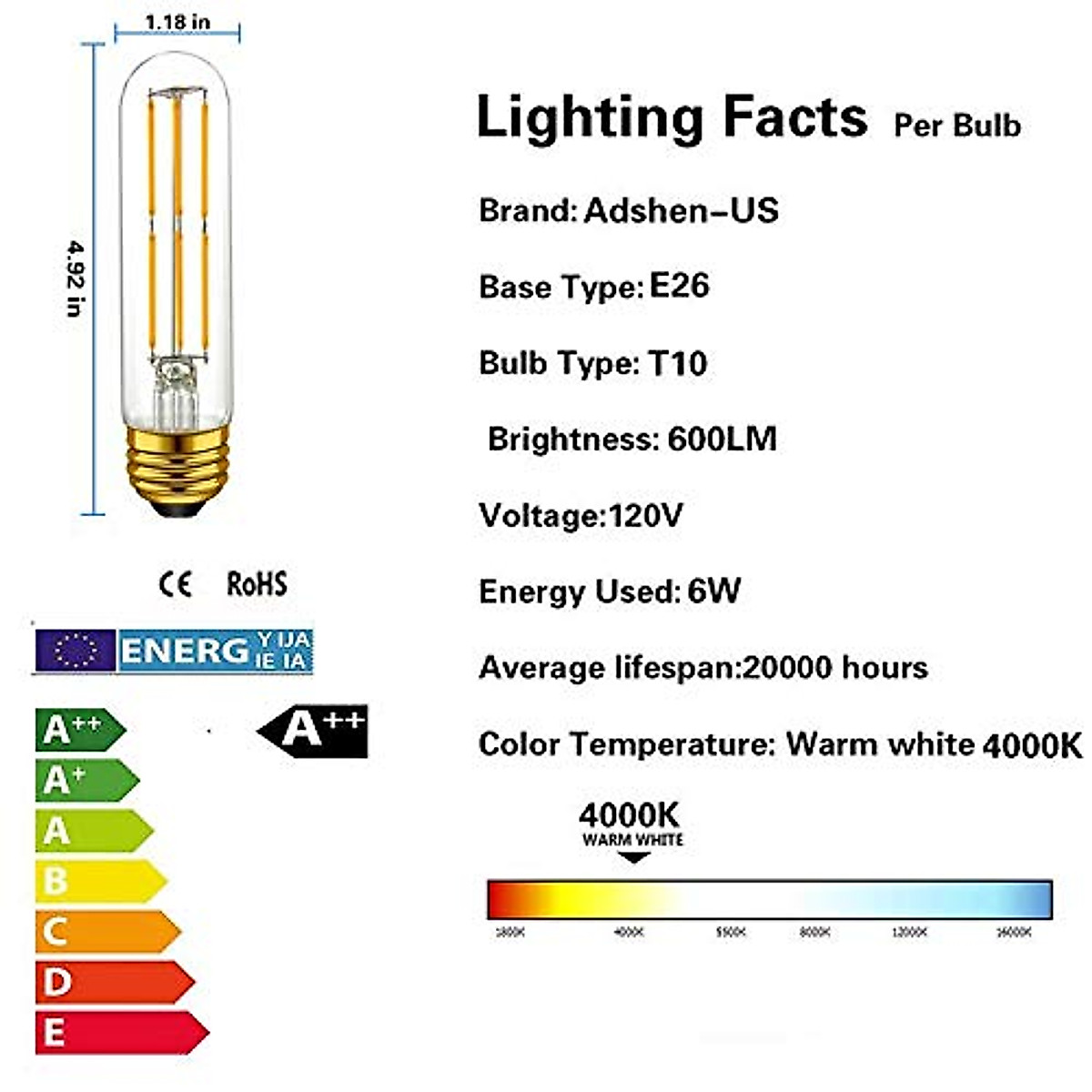 Adshen-US Dimmable E26 Edison Bulb 6W Tubular T10 led Bulb,Equal 60 watt Light Bulb,Daylight White 4000K,Edison Filament Light Bulbs for Pendant,Chandeliers,Wall scones, 4-Pack …