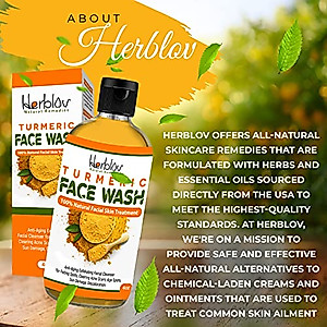 Herblov Turmeric Face Wash, 4oz Turmeric Clear Skin Liquid Soap – 100% Natural Anti Aging Exfoliating Turmeric Facial Cleanser for Spots, Clearing Acne Scars, Age Spots, Sun Damage, Discoloration – Turmeric Soap Skin Detox Made in USA