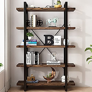 5-Tier Industrial Style Solid Wood Bookcase and Book Shelves,Rustic Wood and Metal Shelving Unit， Living Room,Modern Rustic Open Industrial Book Shelf Office,Distressed Brown (AY-02-5Tier)