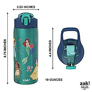 Zak Designs Disney Princess Water Bottle for Travel and At Home, 19 oz Vacuum Insulated Stainless Steel with Locking Spout Cover, Built-In Carrying Loop, Leak-Proof Design (Disney Princess)