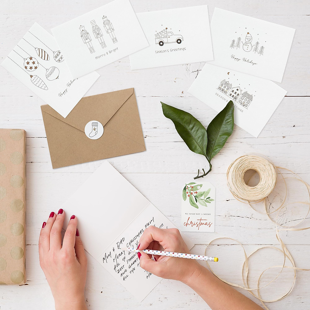 ZICOTO Beautiful Doodle Christmas Cards Set of 20 - Incl. Bulk Envelopes, Matching Stickers And Storage Box - Perfect to Send Warm Holiday Wishes to Friends and Family