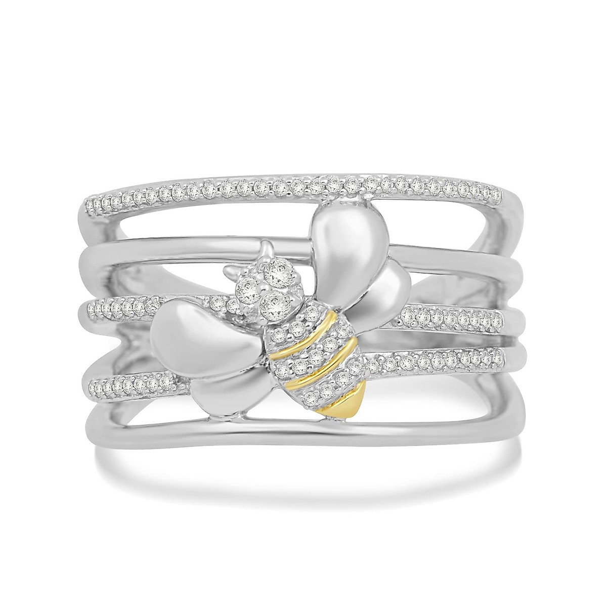 Jewelili Sterling Silver and 10K Yellow Gold 1/5 Cttw Natural White Round Diamonds Bee Band Ring, Size 7